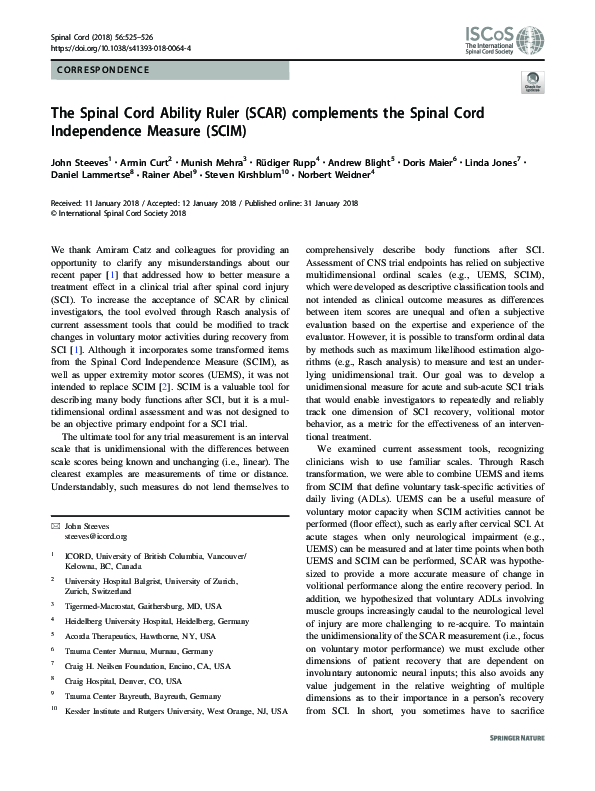 (PDF) The Spinal Cord Ability Ruler (SCAR) complements the Spinal Cord ...
