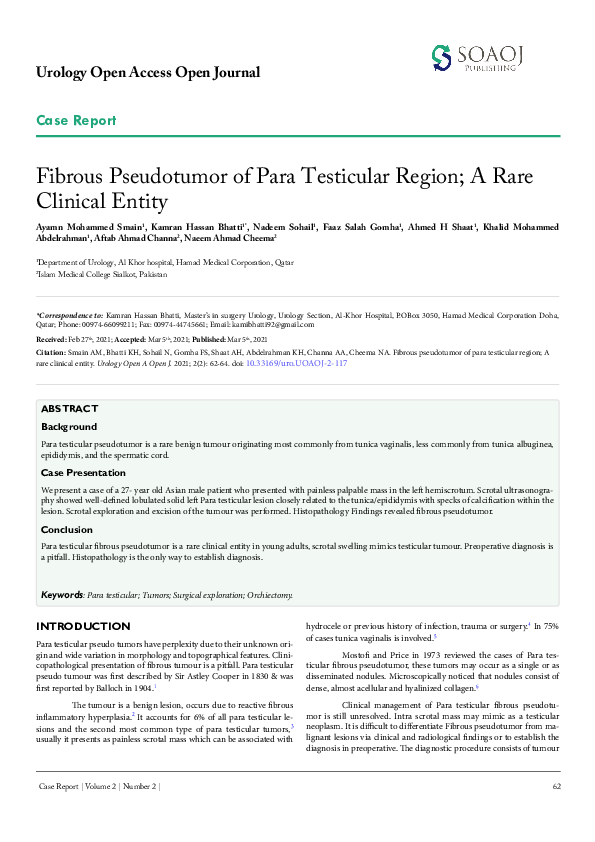 Pdf Fibrous Pseudotumor Of Para Testicular Region A Rare Clinical