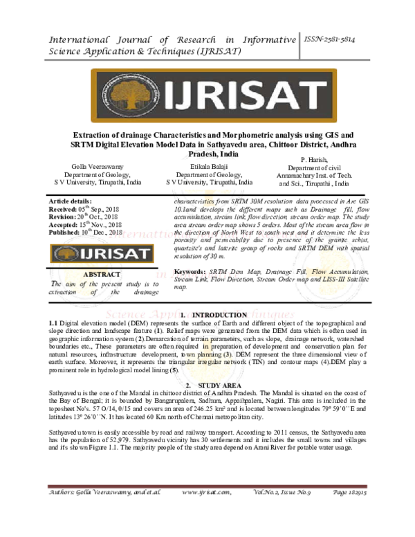 Pdf Extraction Of Drainage Characteristics And Morphometric Analysis Using Gis And Srtm