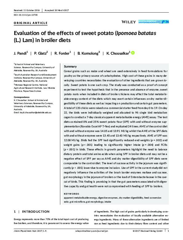 (PDF) Evaluation of the effects of sweet potato (Ipomoea batatas (L.) Lam) in broiler diets