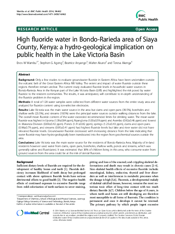 (PDF) High fluoride water in Bondo-Rarieda area of Siaya County, Kenya ...