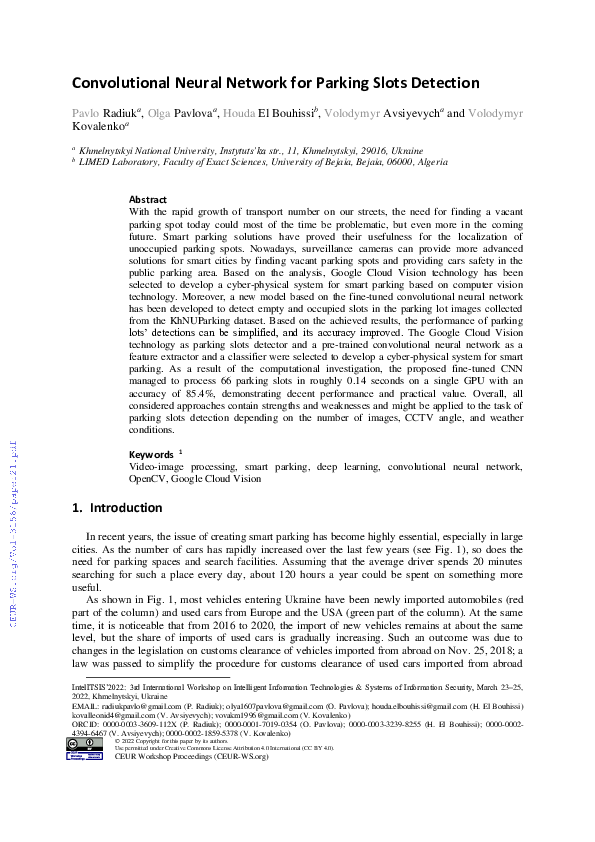 (PDF) Convolutional neural network for parking slots detection | Pavlo Radiuk and Houda EL ...