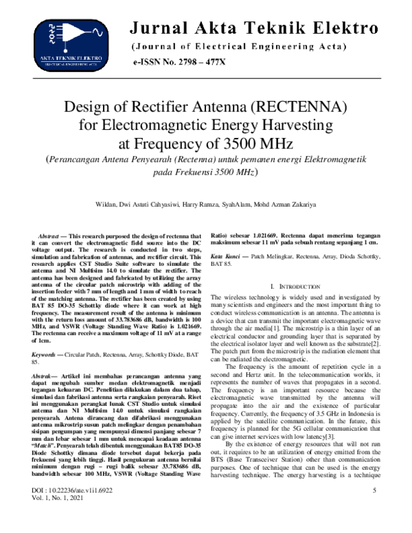 (PDF) Design of Rectifier Antenna (RECTENNA) for Electromagnetic Energy ...