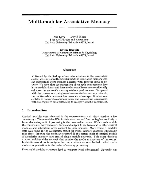 (PDF) Multi-modular Associative Memory | David Horn - Academia.edu
