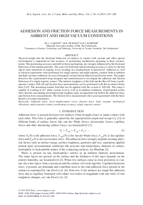 (PDF) Adhesion and friction force measurements in ambient and high vacuum conditions