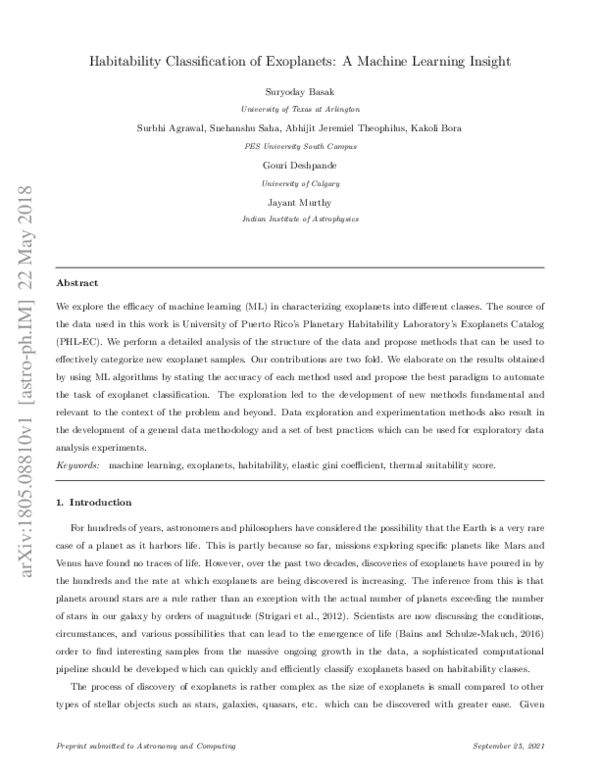 (PDF) Habitability classification of exoplanets: a machine learning insight