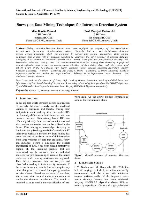 Pdf Survey On Data Mining Techniques For Intrusion Detection System