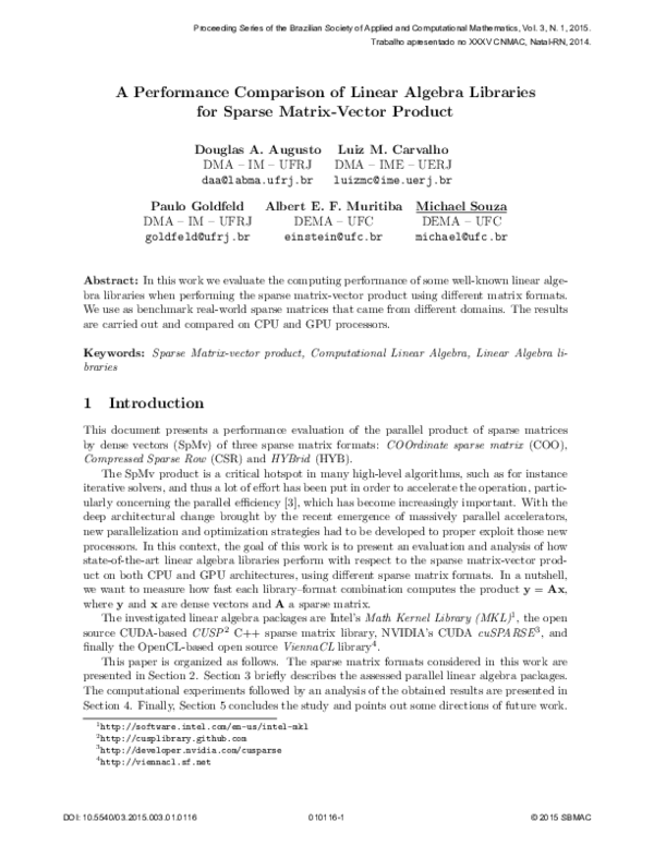 (PDF) A performance comparison of linear algebra libraries for sparse matrix-vector product