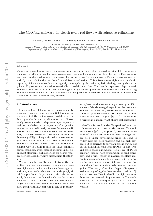 (PDF) The GeoClaw software for depth-averaged flows with adaptive refinement | Kyle Mandli ...