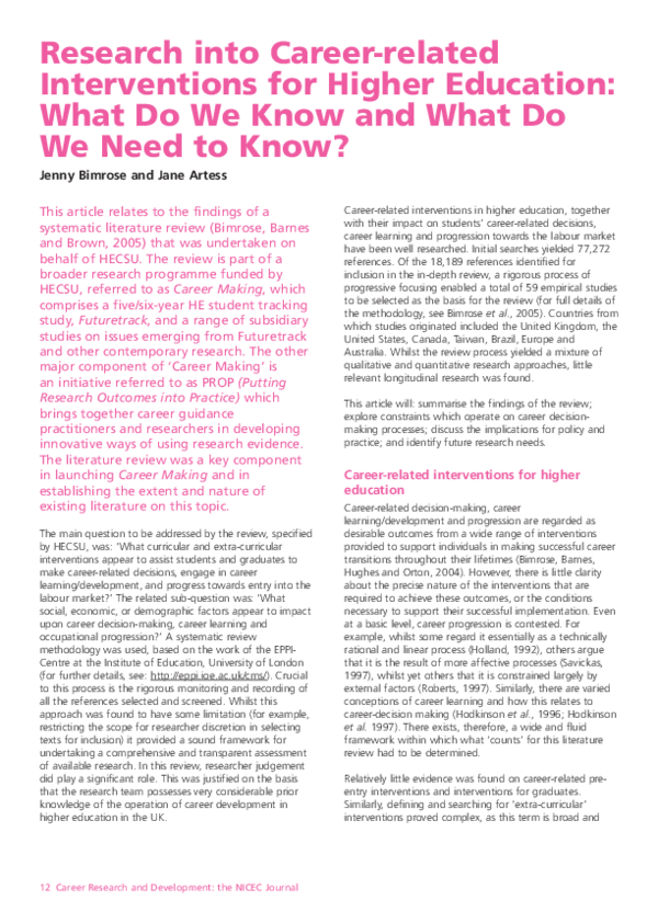 (PDF) Research into career-related interventions for higher education ...
