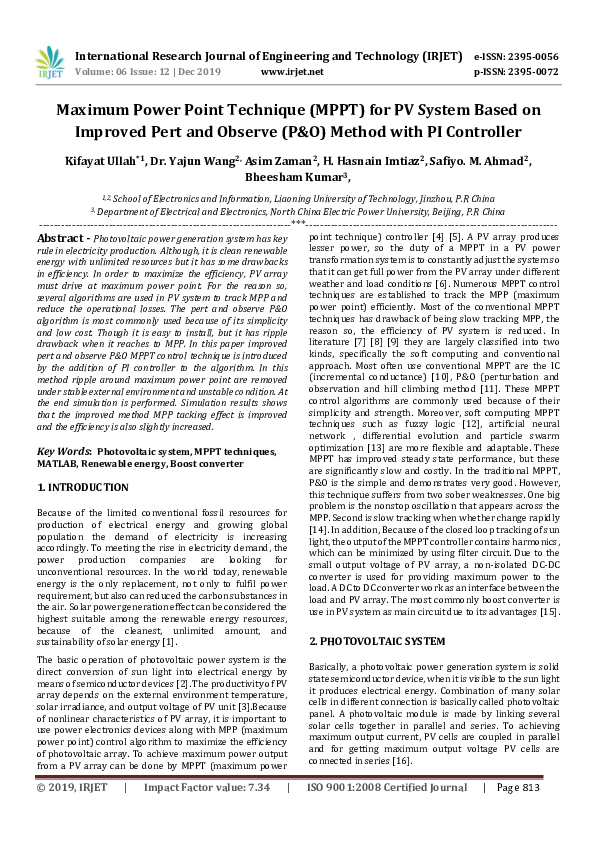 (PDF) Maximum Power Point Technique (MPPT) for PV System Based on ...