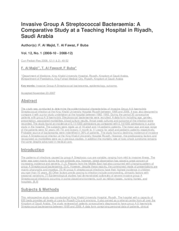 (PDF) Invasive Group A Streptococcal Bacteraemia: A Comparative Study at a Teaching Hospital in ...