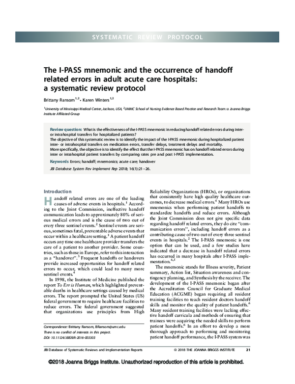 (PDF) The I-PASS mnemonic and the occurrence of handoff related errors ...