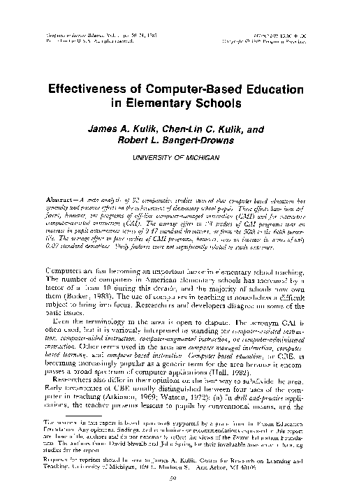 (PDF) Effectiveness of computer-based education in elementary schools