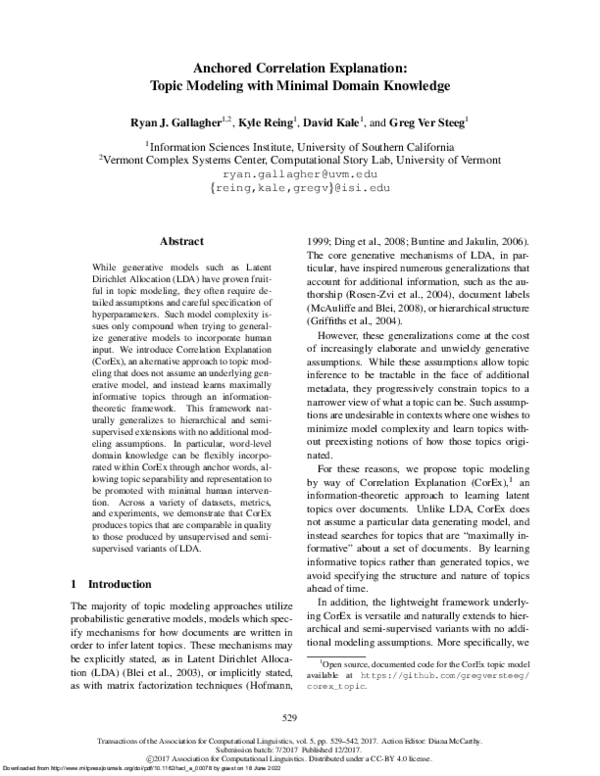 (PDF) Anchored Correlation Explanation: Topic Modeling with Minimal Domain Knowledge
