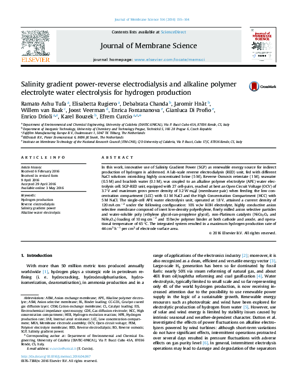 (PDF) Salinity gradient power-reverse electrodialysis and alkaline polymer electrolyte water ...