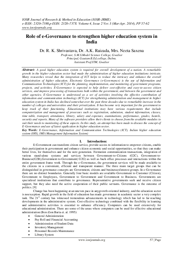 (PDF) Role of e-Governance to strengthen higher education system in India