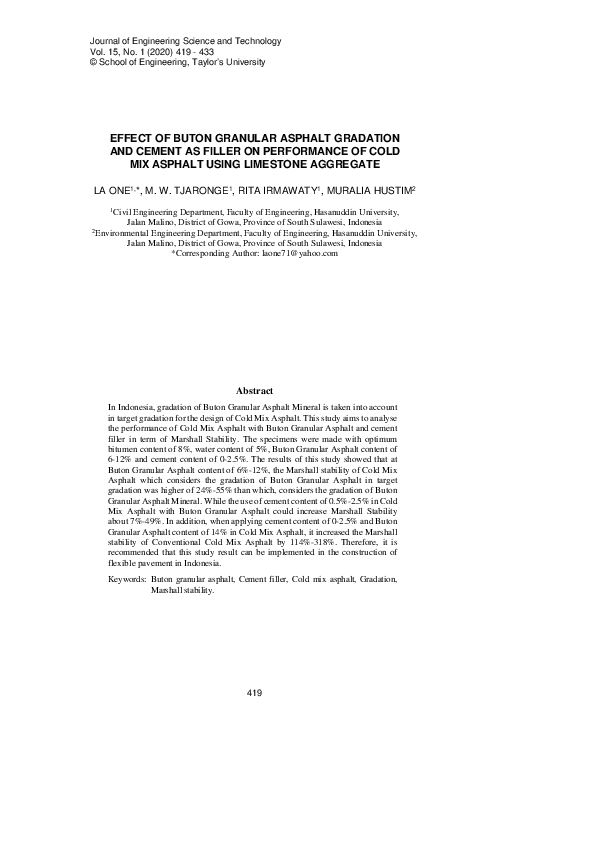 (PDF) Effect of Buton Granular Asphalt Gradation and Cement as Filler ...