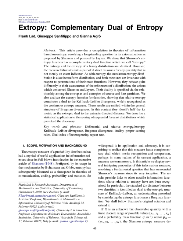 (PDF) Extropy: Complementary Dual of Entropy