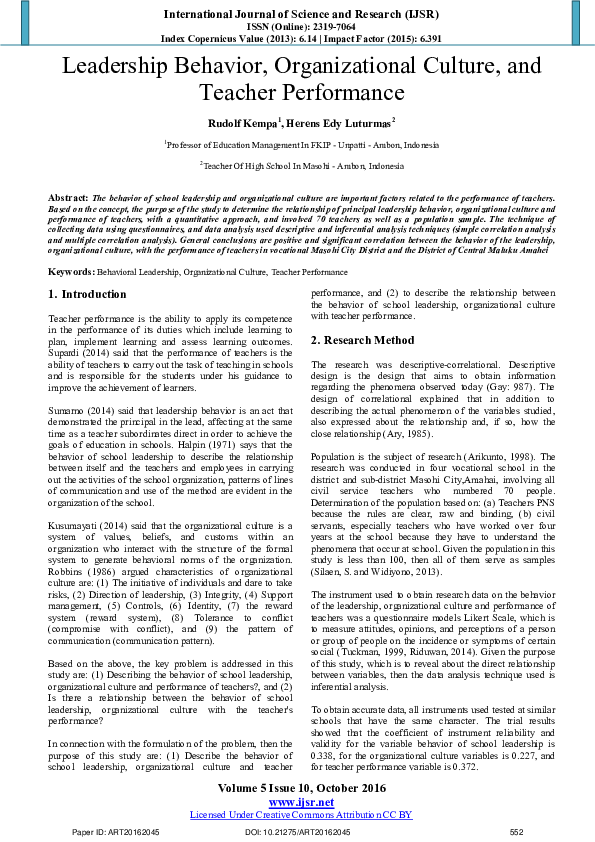 (PDF) Leadership Behavior, Organizational Culture, and Teacher Performance