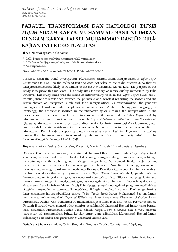 (PDF) PARALEL, TRANSFORMASI DAN HAPLOLOGI TAFSIR TUJUH SURAH KARYA ...