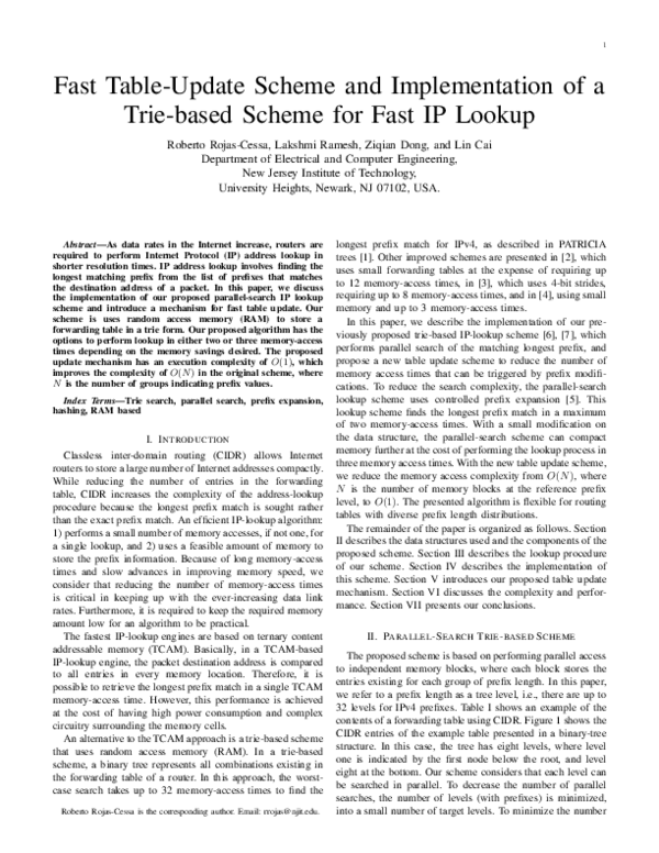 (PDF) Fast Table-Update Scheme and Implementation of a Trie-based Scheme for Fast IP Lookup