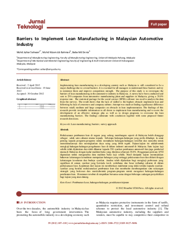 (PDF) Barriers to Implement Lean Manufacturing in Malaysian Automotive Industry