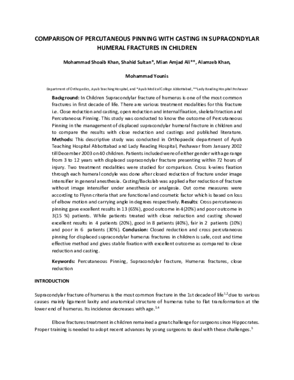(PDF) Comparison of percutaneous pinning with casting in supracondylar humeral fractures in children