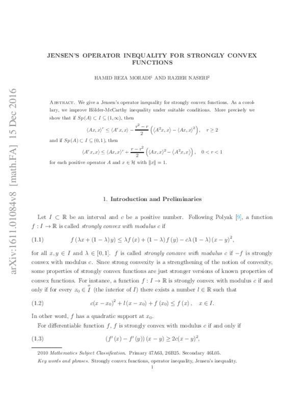 Pdf Jensen Operator Inequality For Strongly Convex Functions Hamid