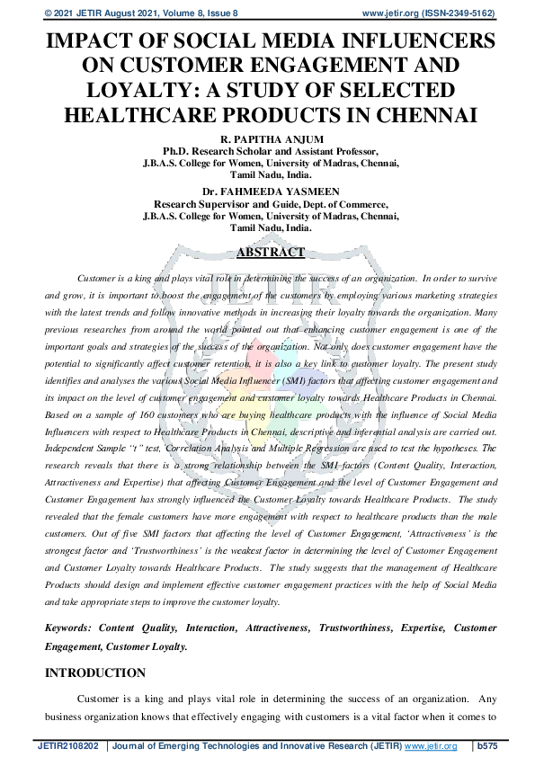 (PDF) Impact of social media influencers on customer engagement and ...