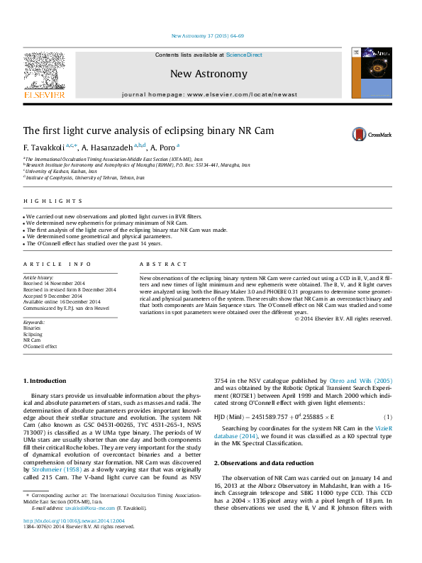 Pdf The First Light Curve Analysis Of Eclipsing Binary Nr Cam
