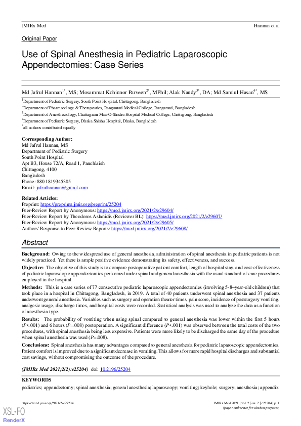 (PDF) Use of Spinal Anesthesia in Pediatric Laparoscopic Appendectomies ...