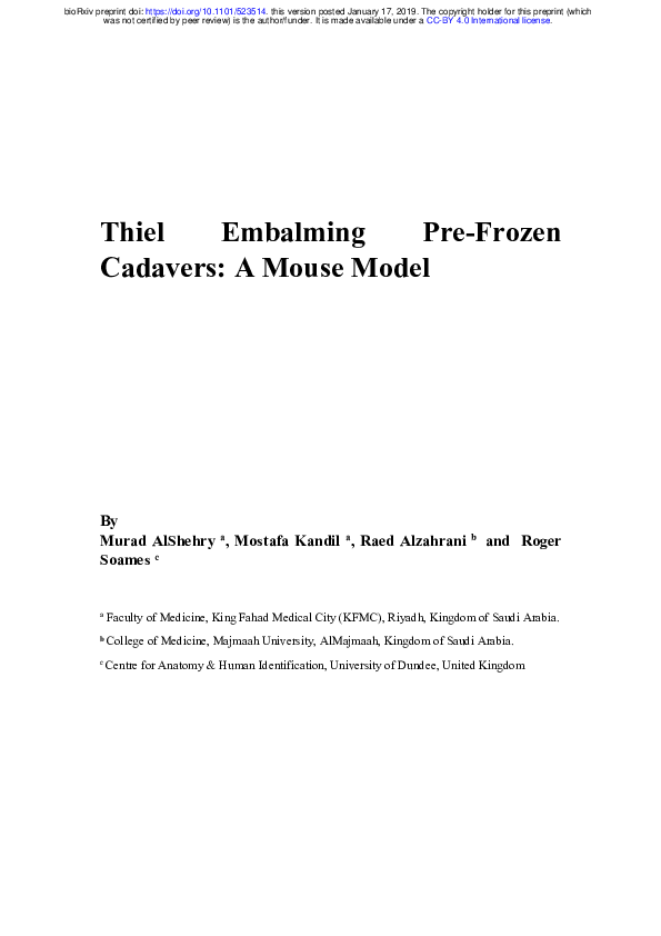 (PDF) Thiel Embalming Pre-Frozen Cadavers: A Mouse Model | Mostafa ...