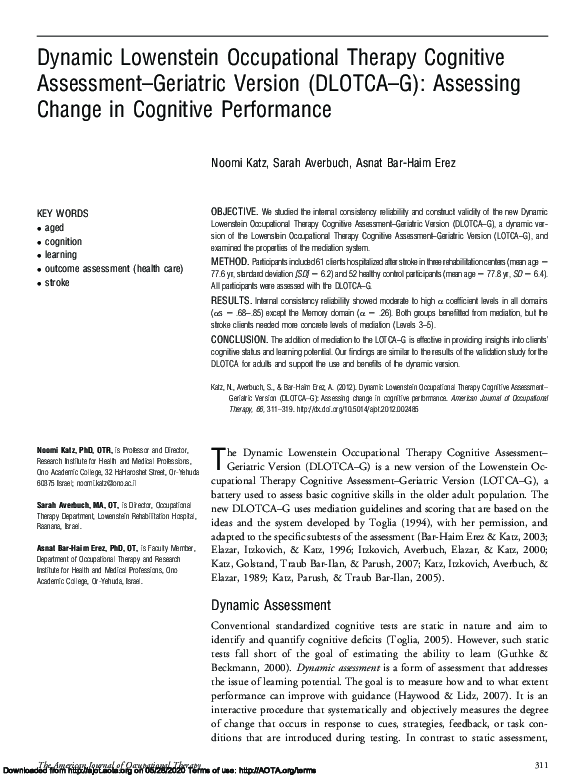 (PDF) Dynamic Lowenstein Occupational Therapy Cognitive Assessment ...