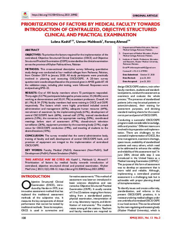 (PDF) Prioritization of Factors by Medical Faculty Towards Introduction of Centralized Objective ...