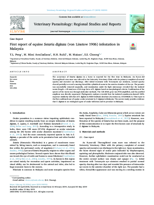 (PDF) First report of equine Setaria digitata (von Linstow 1906 ...