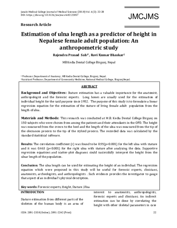 (PDF) Estimation of ulna length as a predictor of height in Nepalese ...