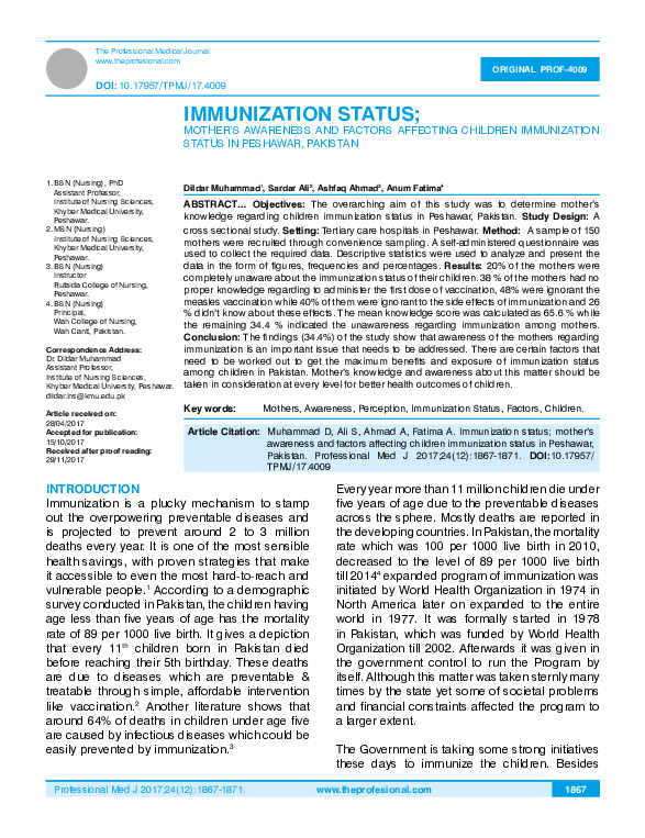 (PDF) Immunization Status; Mother’s Awareness and Factors Affecting ...