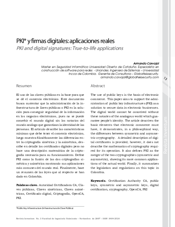 (PDF) PKI* y firmas digitales: aplicaciones reales PKI and digital signatures: True-to-life ...