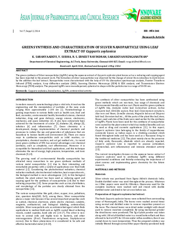 (PDF) Research Article GREEN SYNTHESIS AND CHARACTERIZATION OF SILVER NANOPARTICLE USING LEAF ...