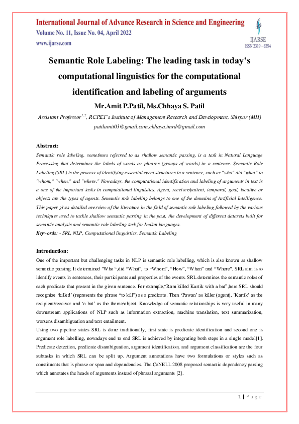 (PDF) Semantic Role Labeling: The leading task in today's computational ...