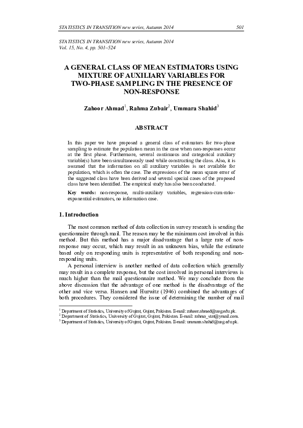 (PDF) A General Class of Mean Estimators Using Mixture of Auxiliary Variables in Two-Phase ...