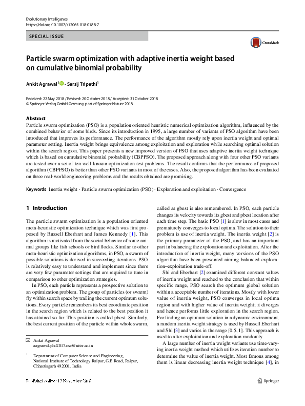 Pdf Particle Swarm Optimization With Adaptive Inertia Weight And Its Application In