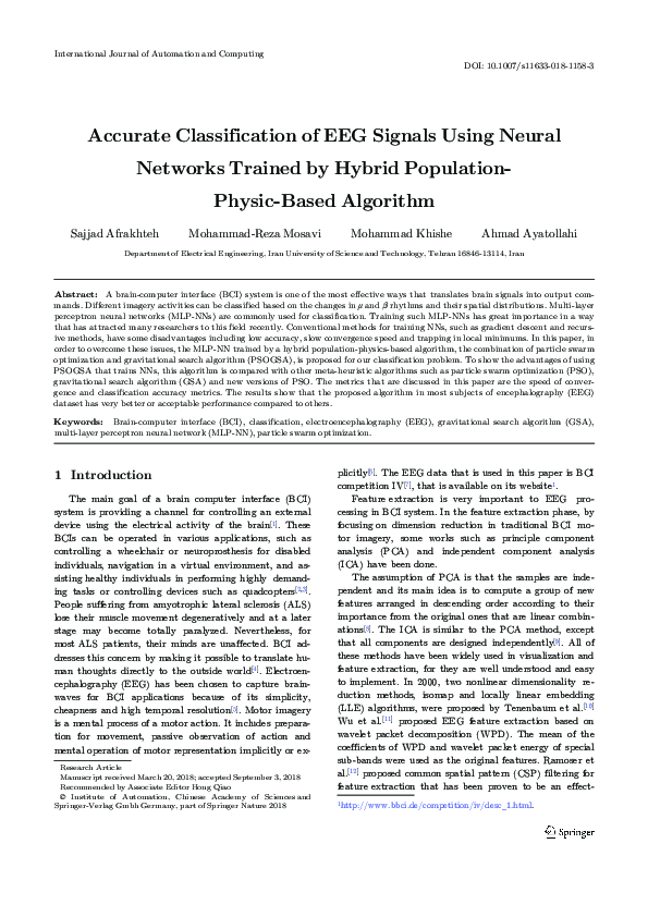 Pdf Accurate Classification Of Eeg Signals Using Neural Networks Trained By Hybrid Population