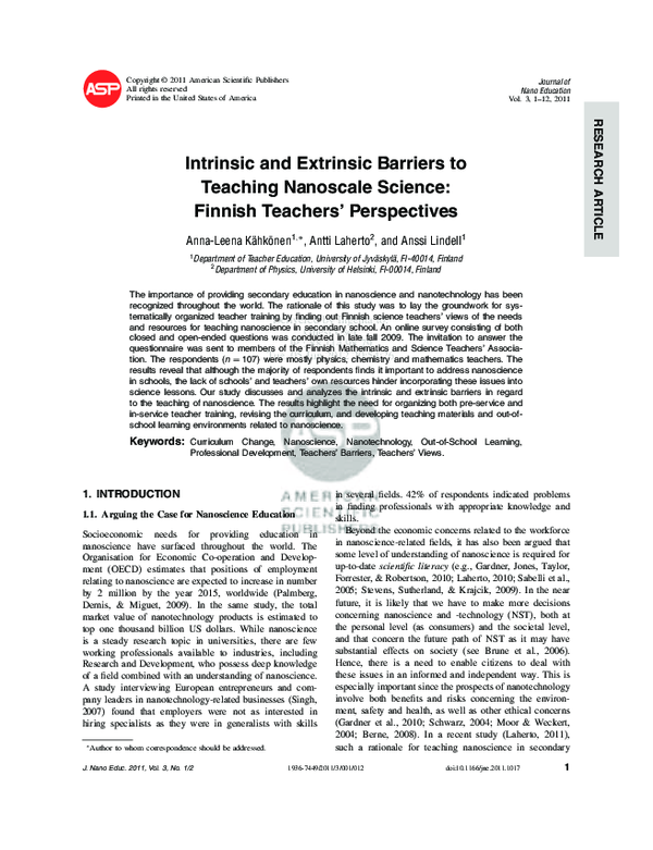 (PDF) Intrinsic and Extrinsic Barriers to Teaching Nanoscale Science ...