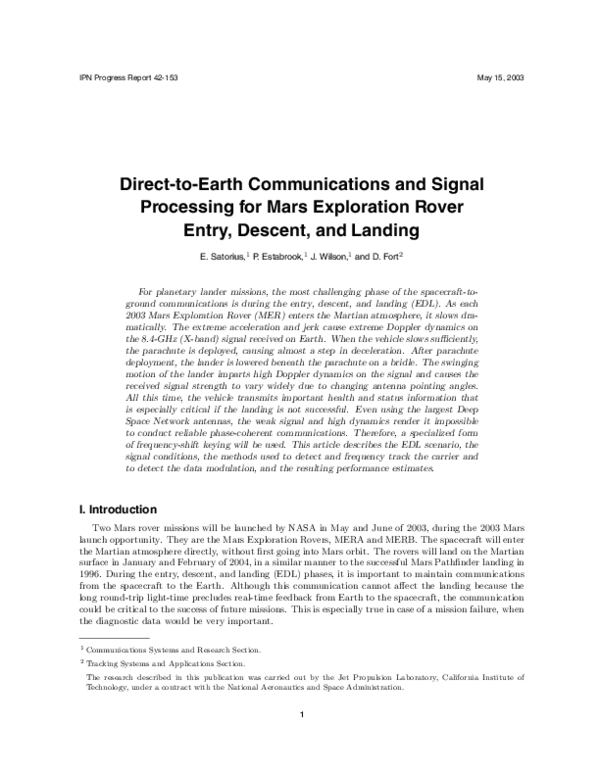 (PDF) Direct-to-Earth Communications and Signal Processing for Mars ...