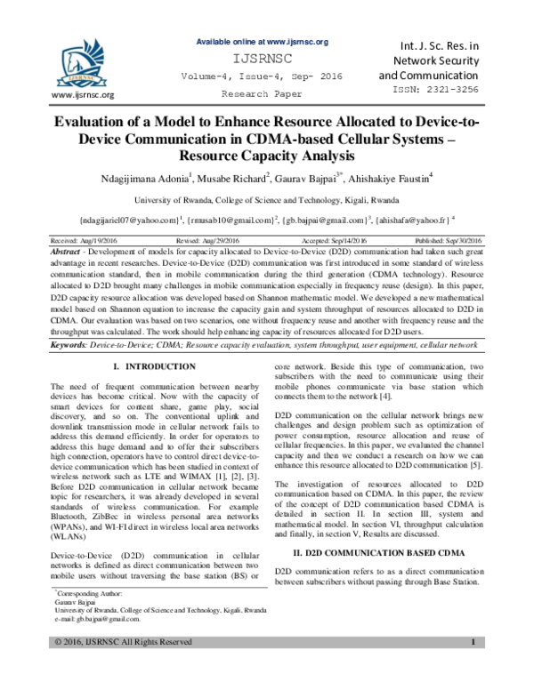 Pdf Evaluation Of A Model To Enhance Resource Allocated To Device To Device Communication In