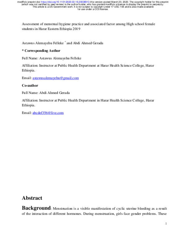 (PDF) Assessment of menstrual hygiene practice and associated factor ...