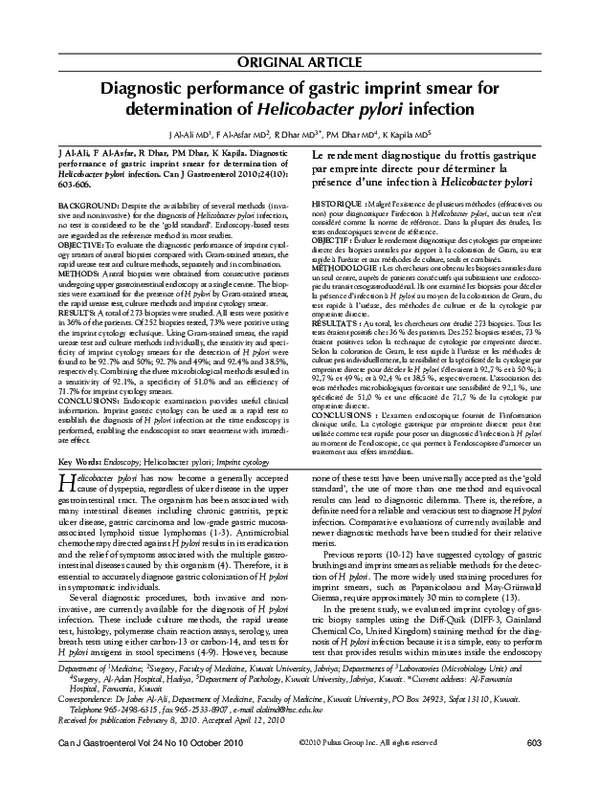 (PDF) Diagnostic Performance of Gastric Imprint Smear for Determination ...