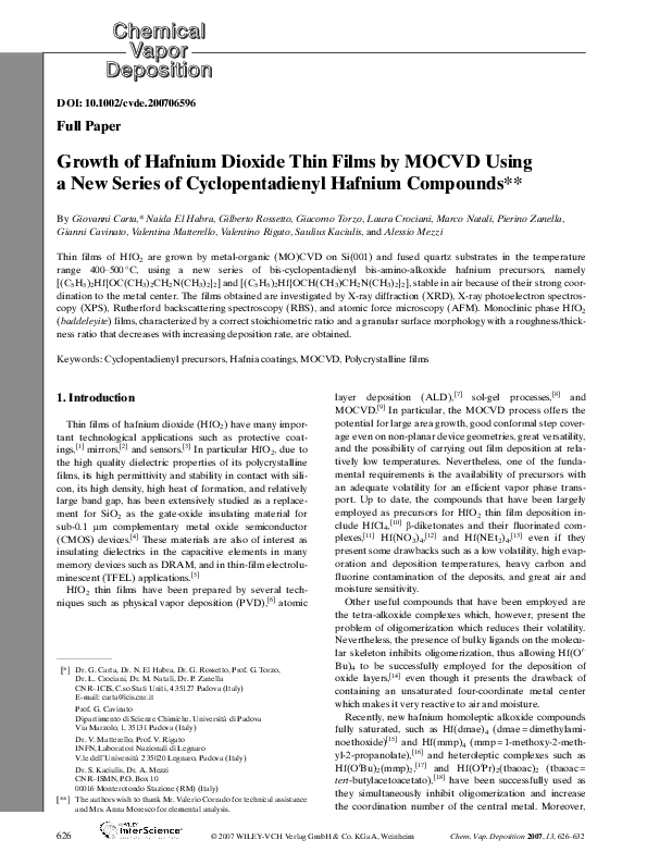 (PDF) Growth of Hafnium Dioxide Thin Films by MOCVD Using a New Series of Cyclopentadienyl ...